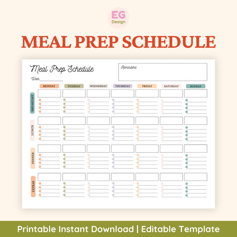 Meal Prep Schedule Template, Weekly Meal Planner Printable, Editable ...