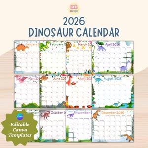 2026 Dinosaur Calendar Printable, Editable Kids Calendar, Fun Monthly ...
