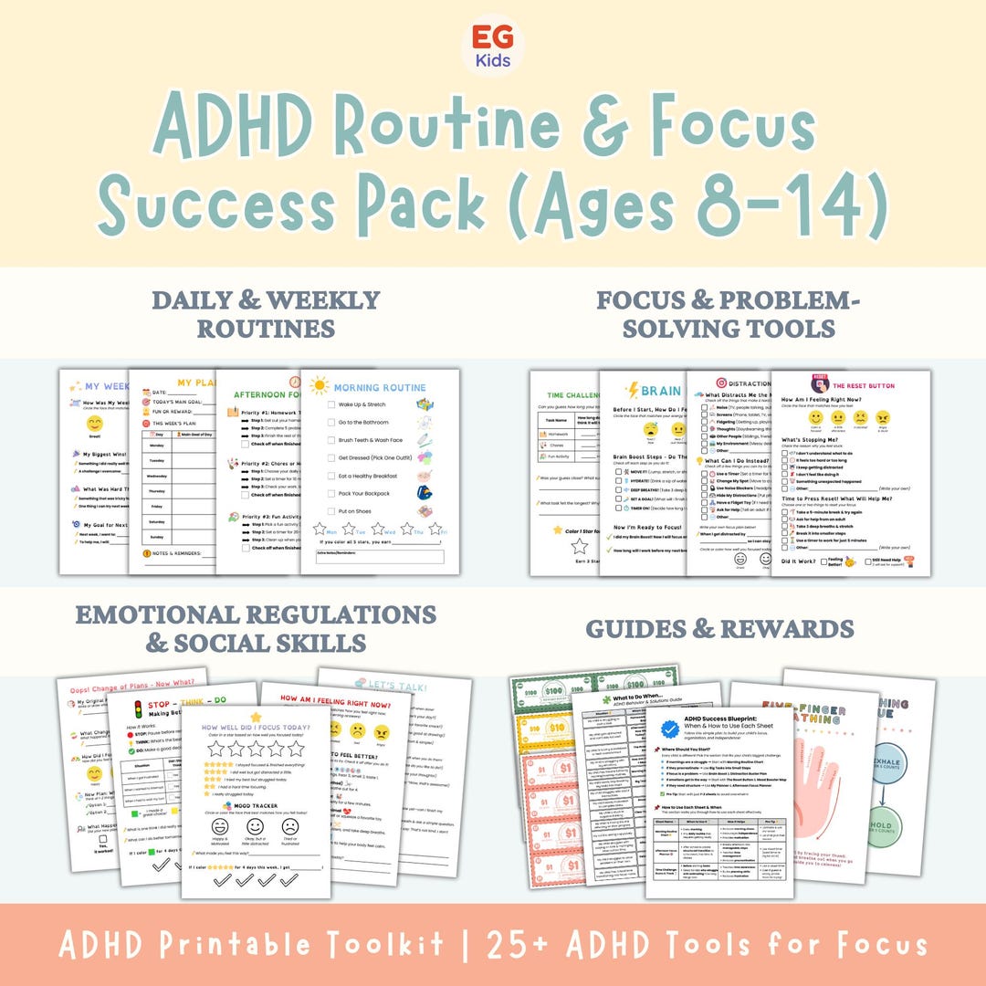 Kids ADHD Routine Focus Success Pack, Printable ASD Emotional ...