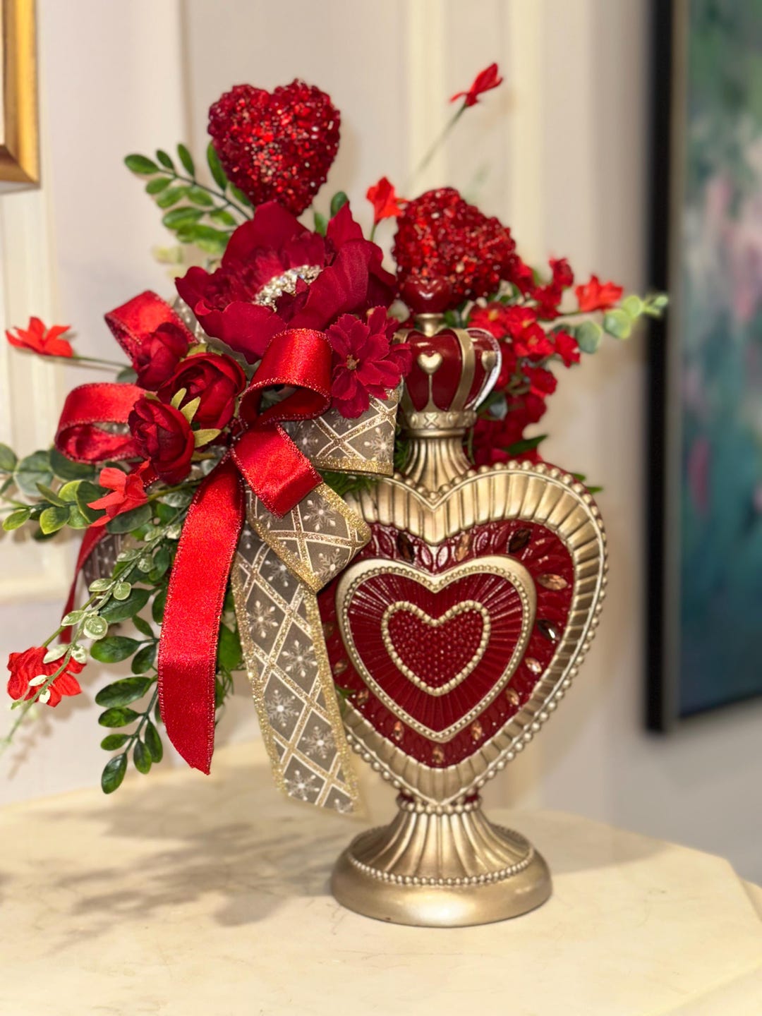 Handcrafted Valentine Floral Arrangement, Red Heart Vase, Faux Peonies ...