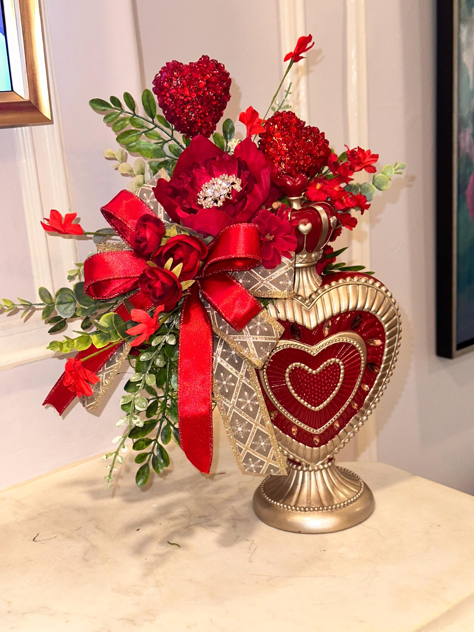 Handcrafted Valentine Floral Arrangement, Red Heart Vase, Faux Peonies ...