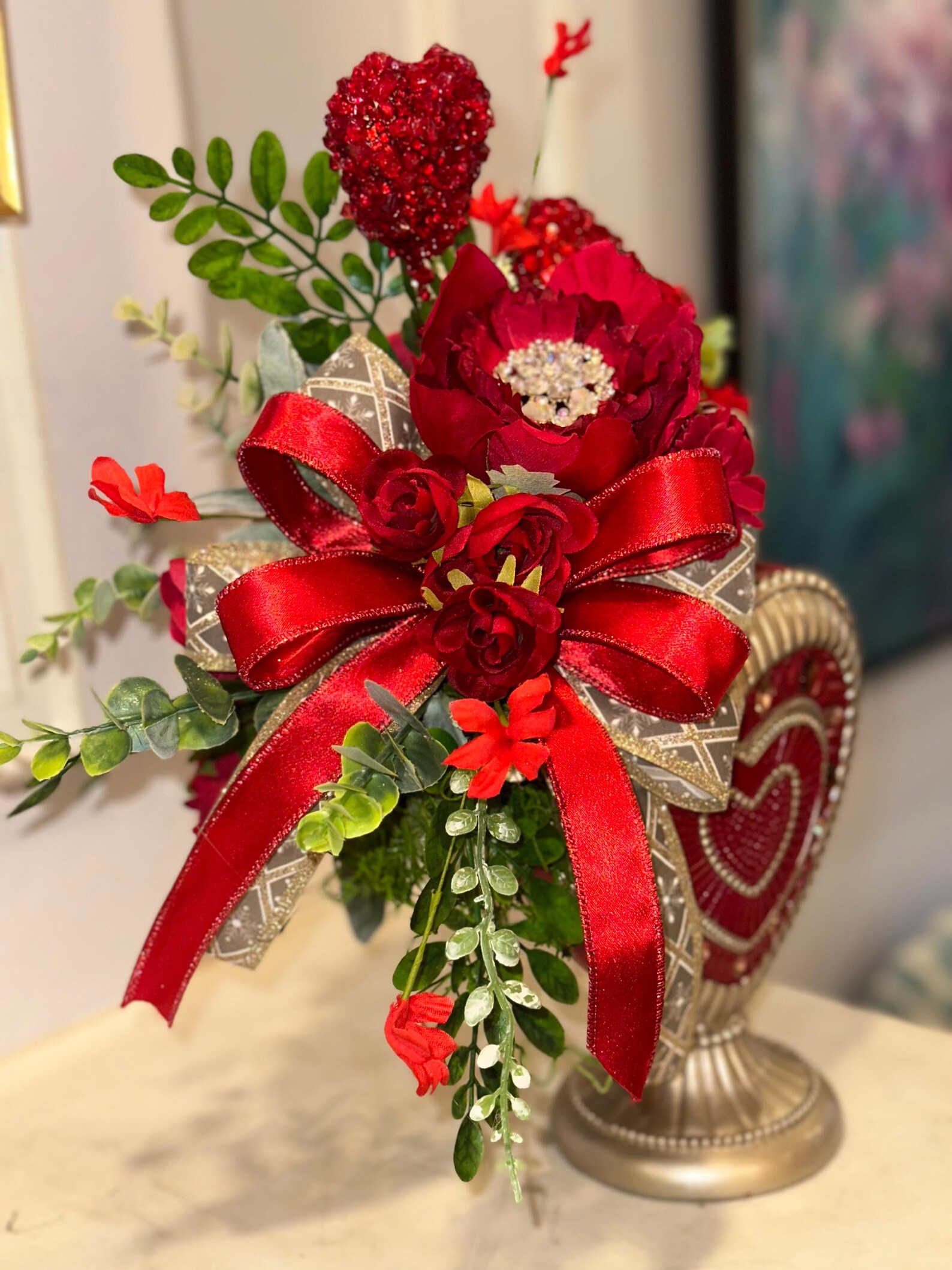 Handcrafted Valentine Floral Arrangement, Red Heart Vase, Faux Peonies ...