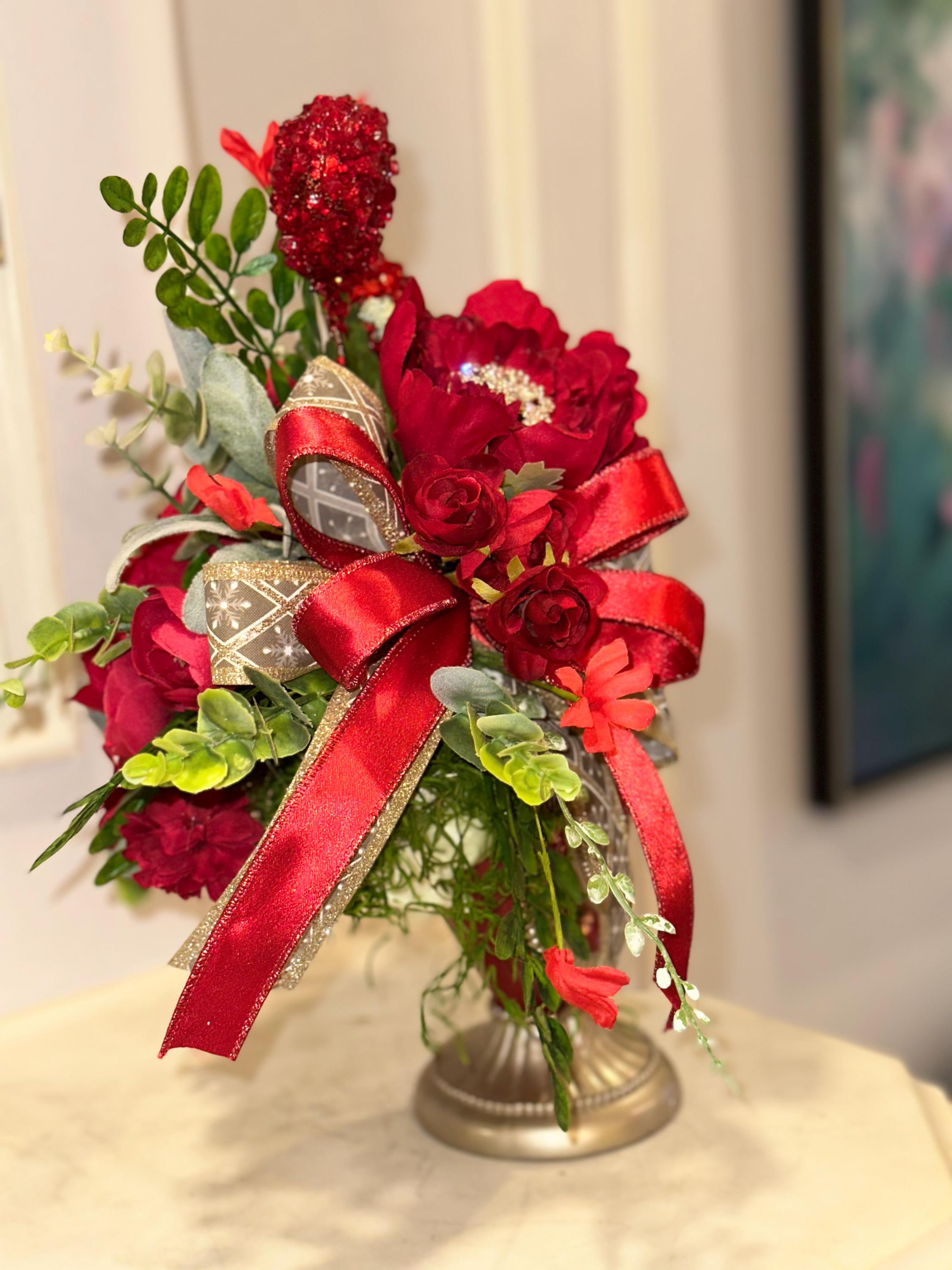 Handcrafted Valentine Floral Arrangement, Red Heart Vase, Faux Peonies ...