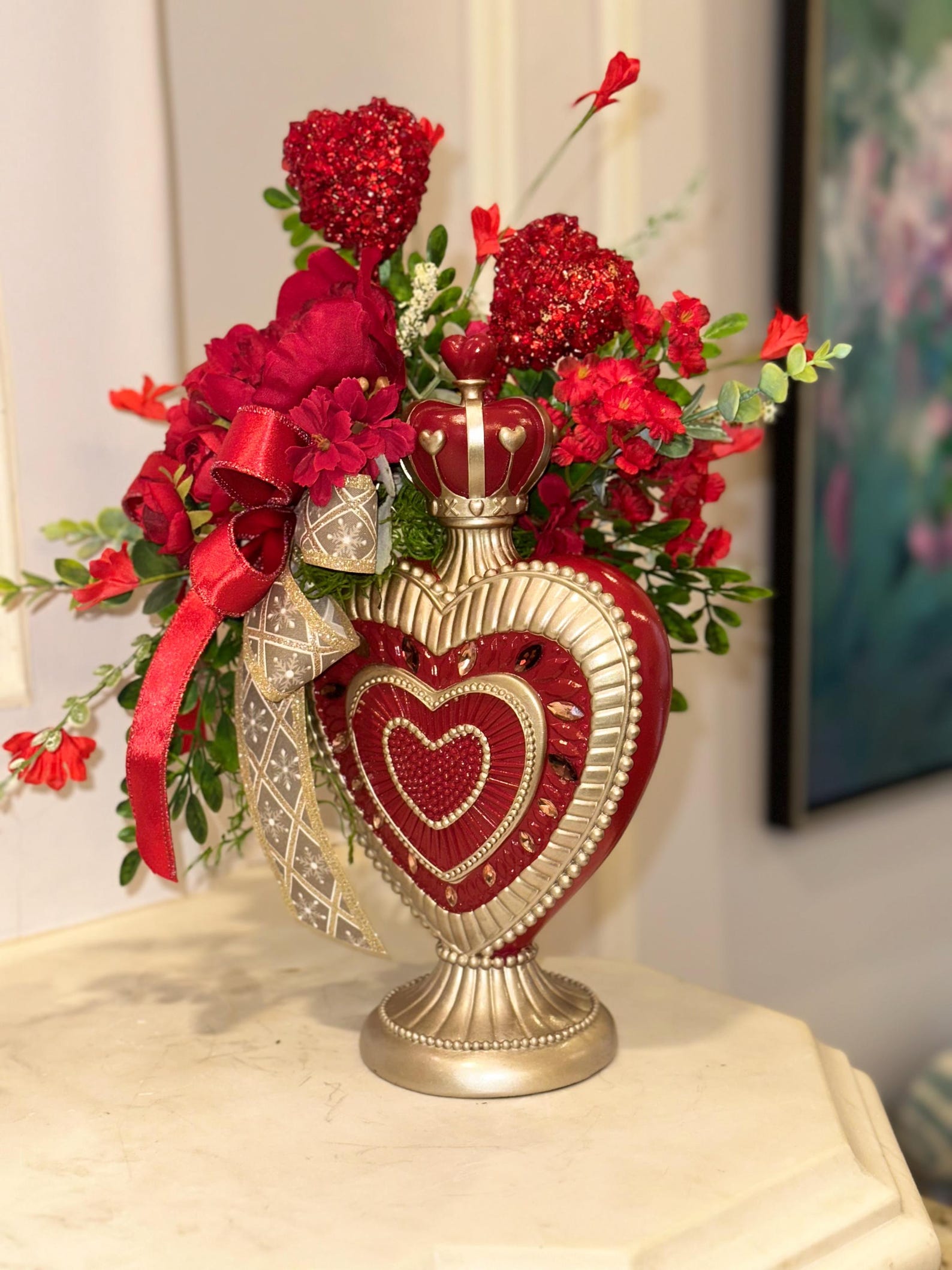 Handcrafted Valentine Floral Arrangement, Red Heart Vase, Faux Peonies ...