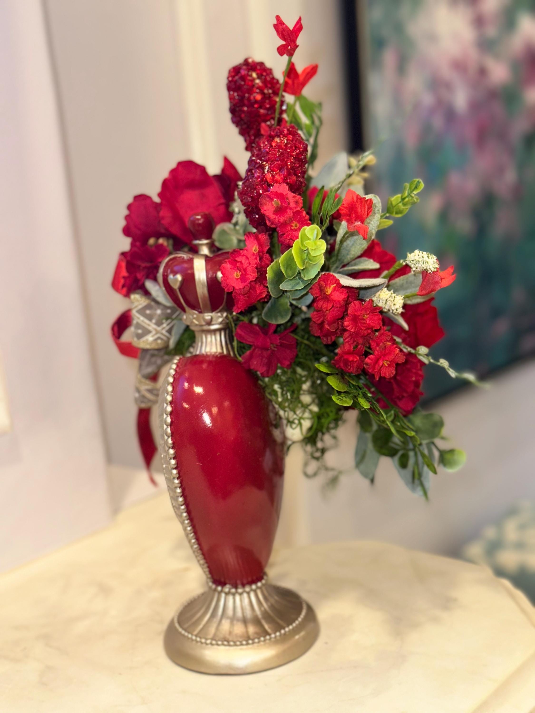 Handcrafted Valentine Floral Arrangement, Red Heart Vase, Faux Peonies ...