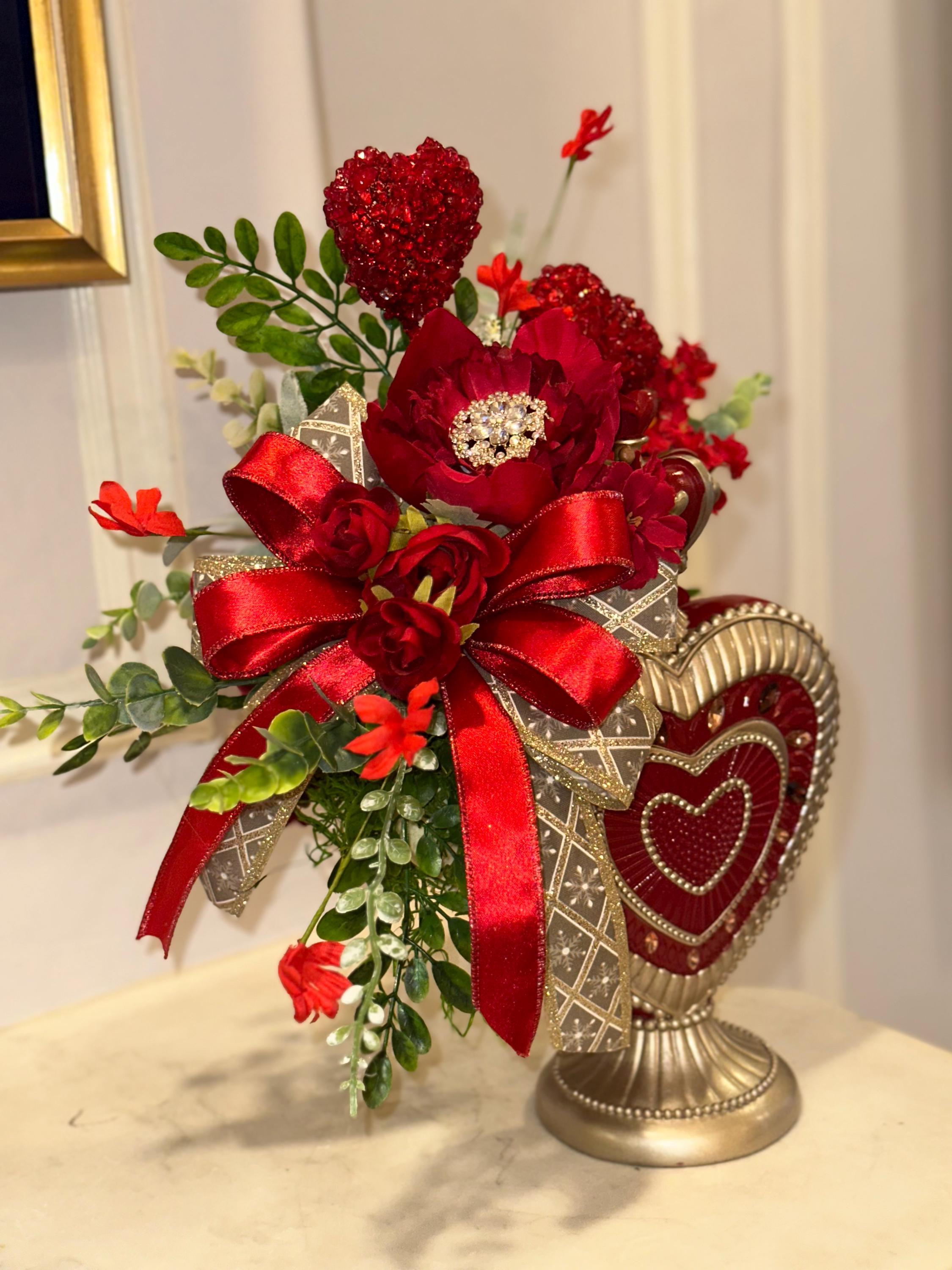 Handcrafted Valentine Floral Arrangement, Red Heart Vase, Faux Peonies ...