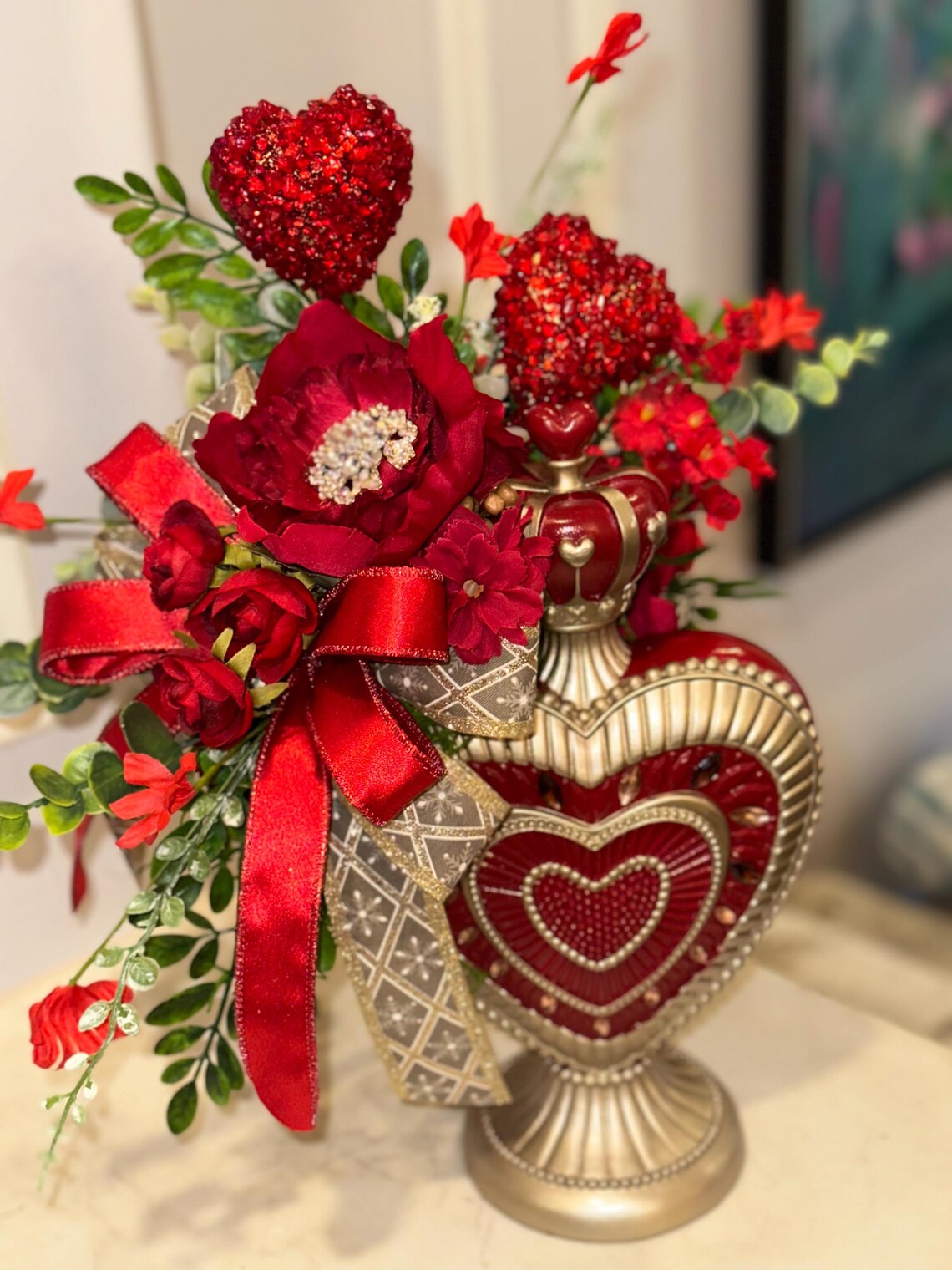 Handcrafted Valentine Floral Arrangement, Red Heart Vase, Faux Peonies ...
