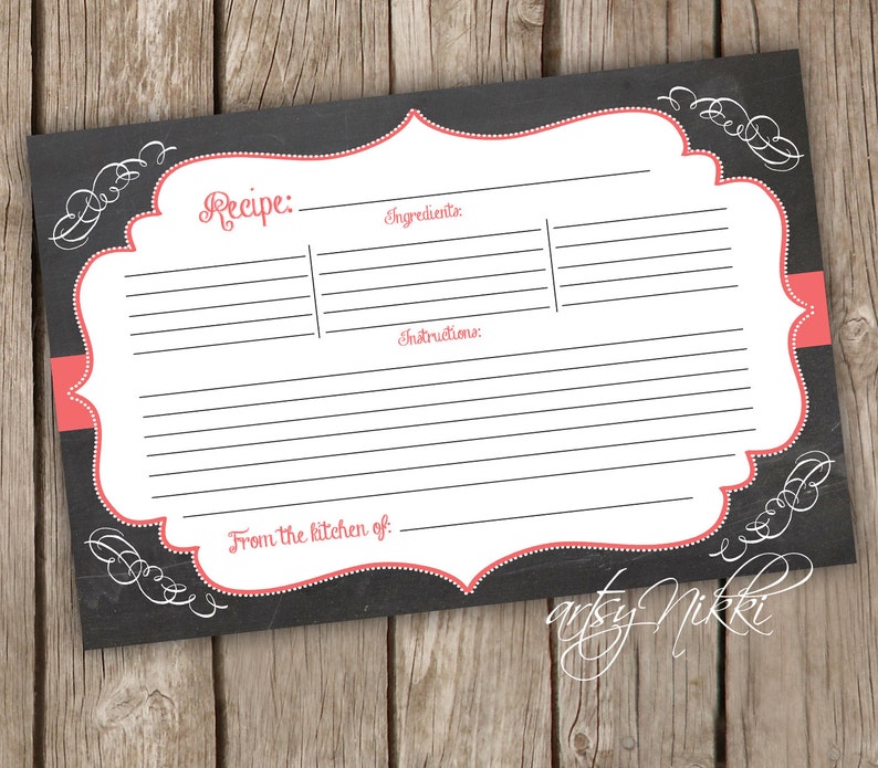 Chalkboard Style Recipe Cards 4x6 or 5x7 - Coral or Turquoise - Printed ...