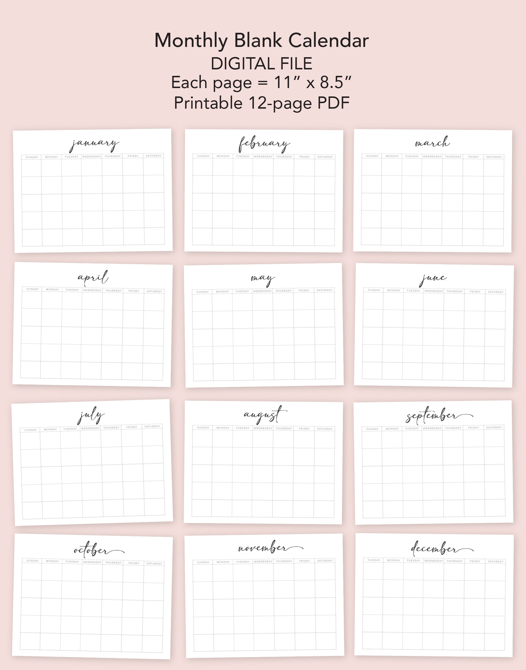 Printable Digital Calendar | Blank Monthly PDF - Etsy