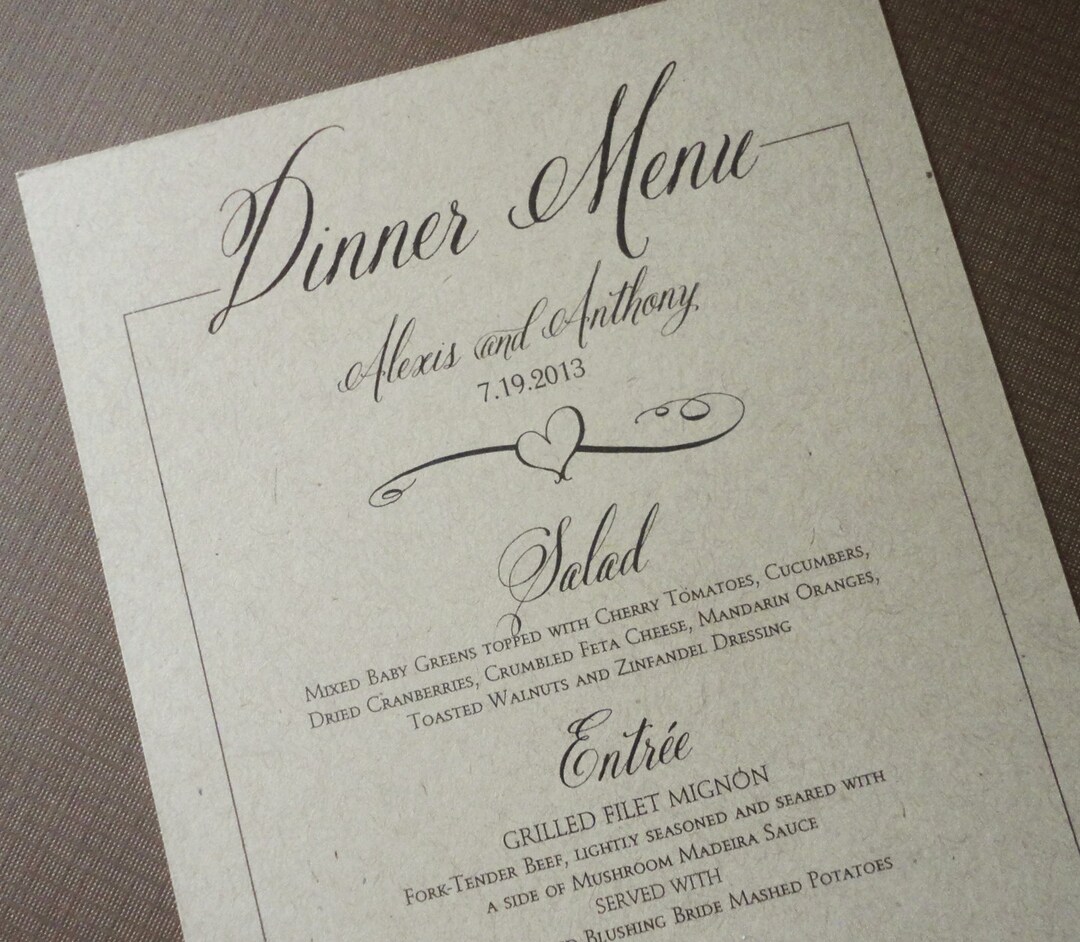 Kraft Wedding Dinner Menus - Rustic Dinner Menus - Kraft Script Menus ...