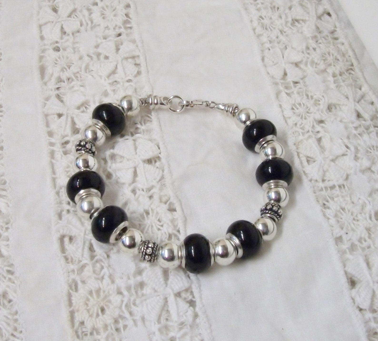 Sterling and Black Agate European Style Charm Bracelet - Etsy