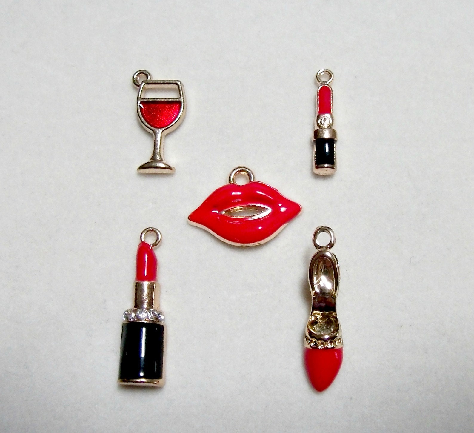 Red Lips Lipstick and Wine Ladies Charm Set 5 Charms 2 | Etsy