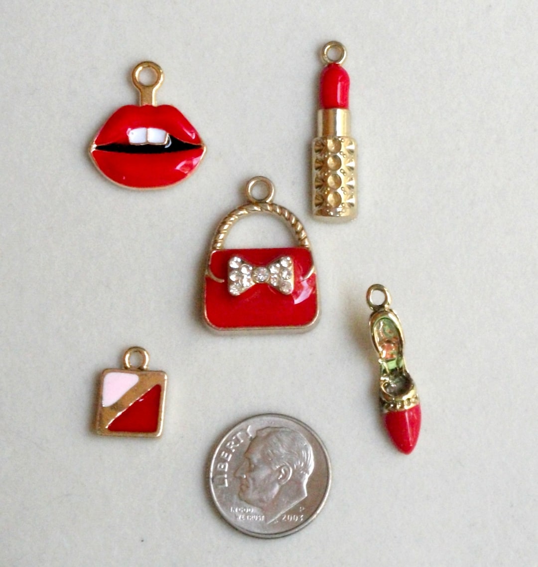 Red Purse and Lipstick Ladies Charm Set, 5 Charms 1 Each Lipstick ...