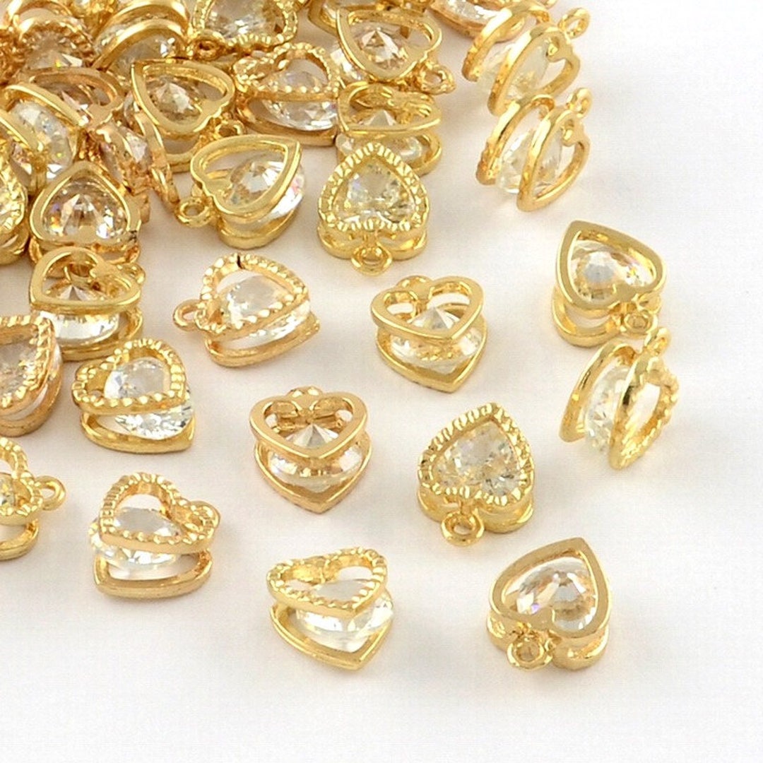 Tiny Unique 3 D Heart Charms With Clear Cubic Zirconia Gold or Platinum ...