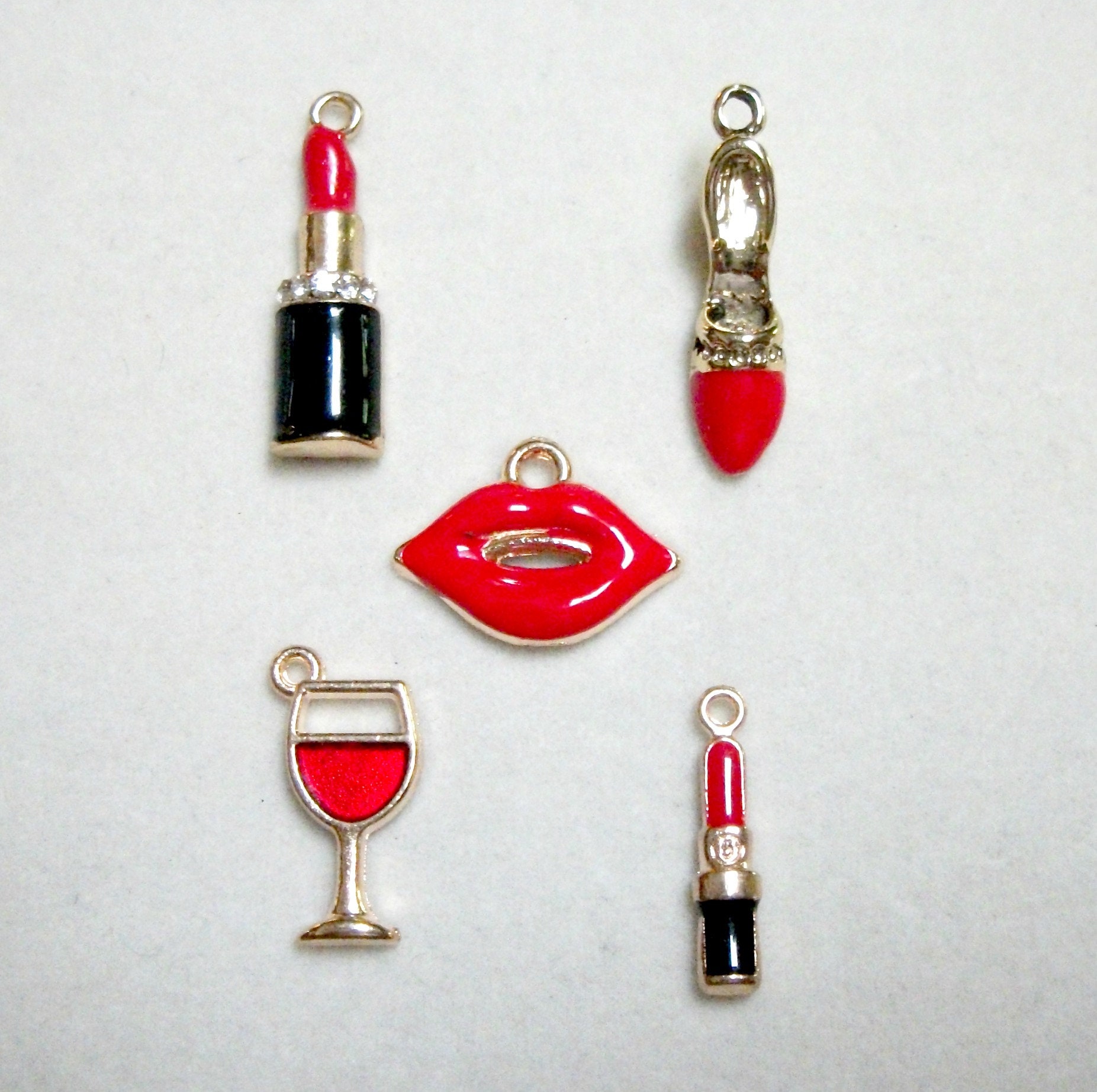 Red Lips Lipstick and Wine Ladies Charm Set 5 Charms 2 | Etsy