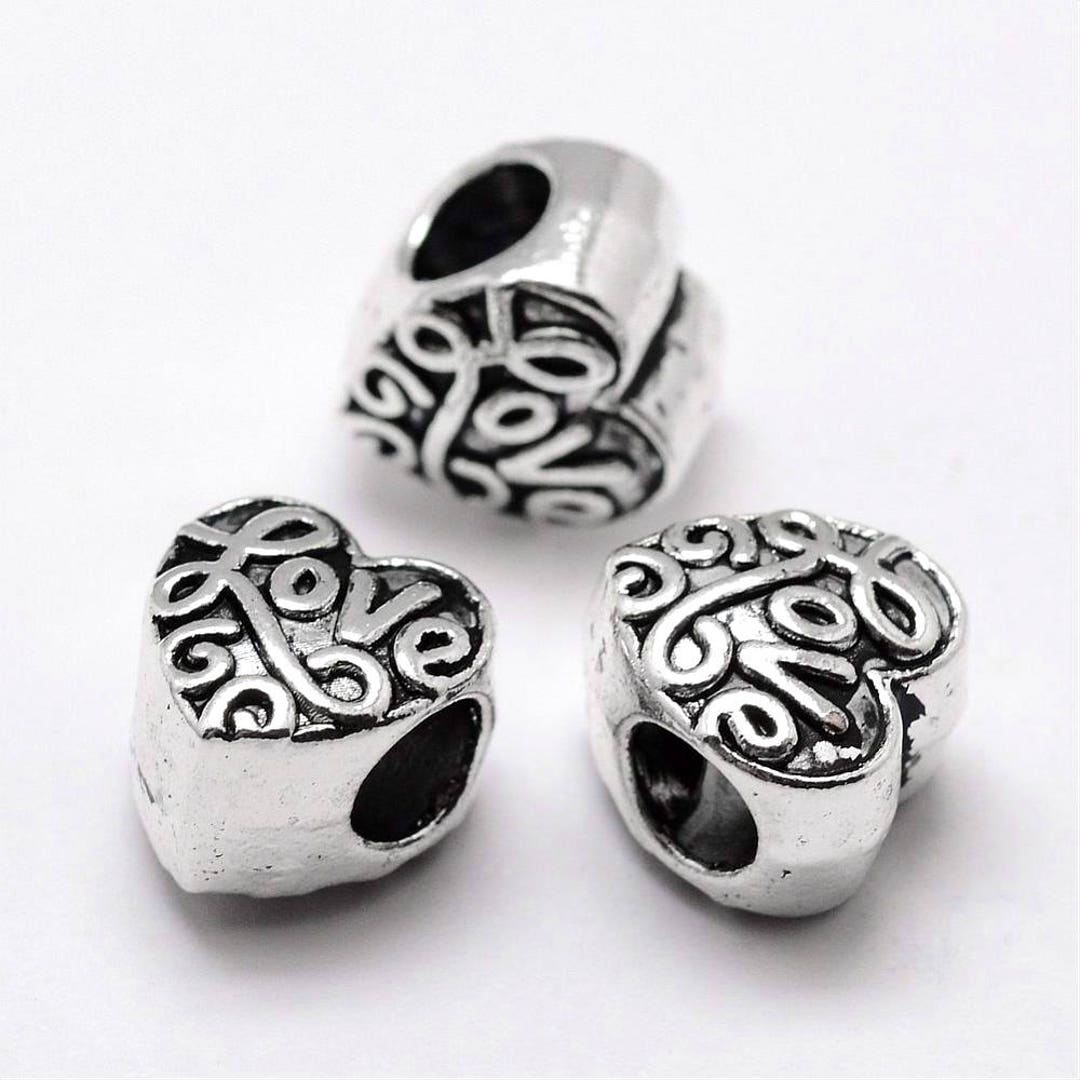 Antique Silver Love Heart Beads: Embossed Alloy Charms for European ...