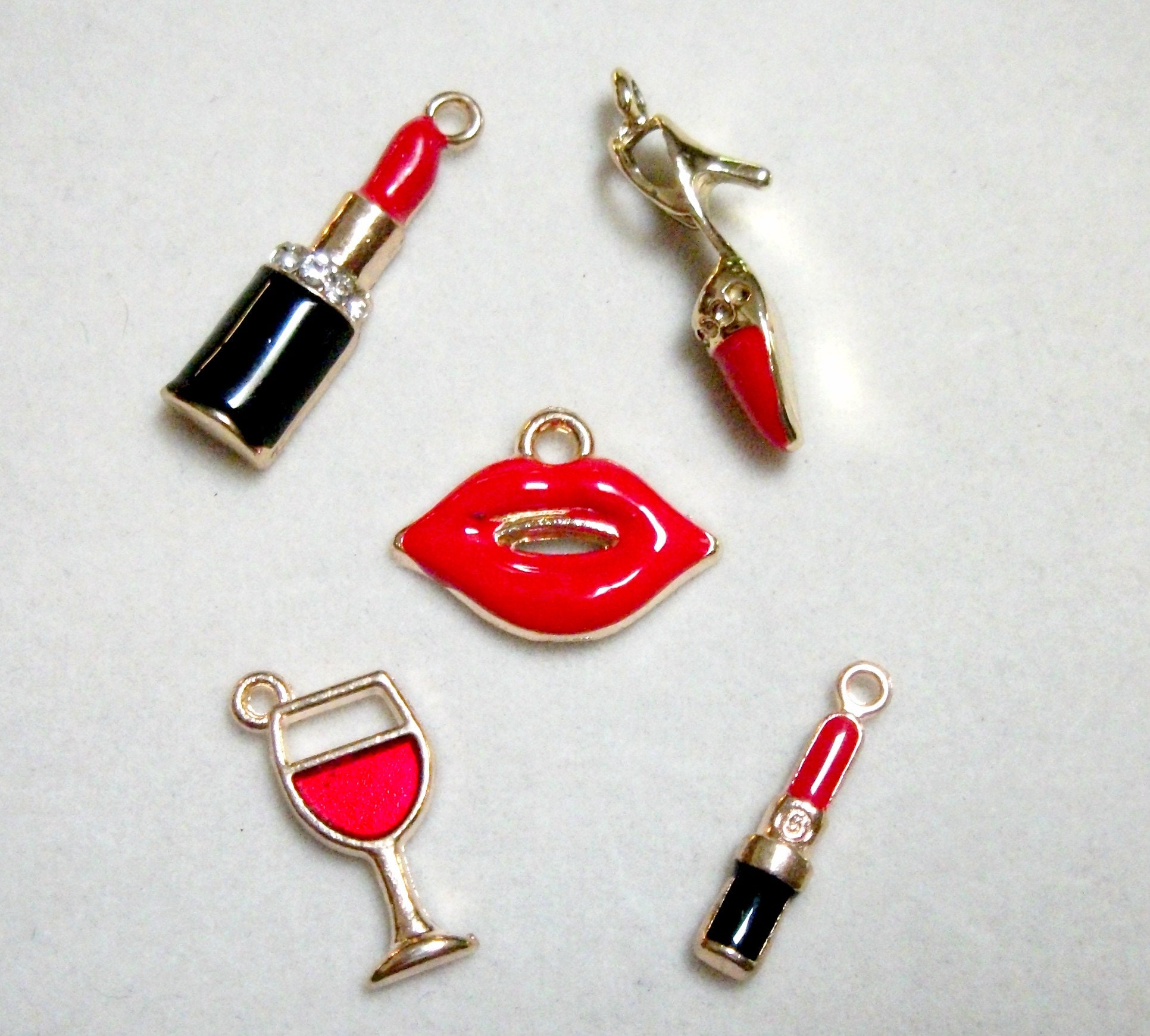 Red Lips Lipstick and Wine Ladies Charm Set 5 Charms 2 | Etsy