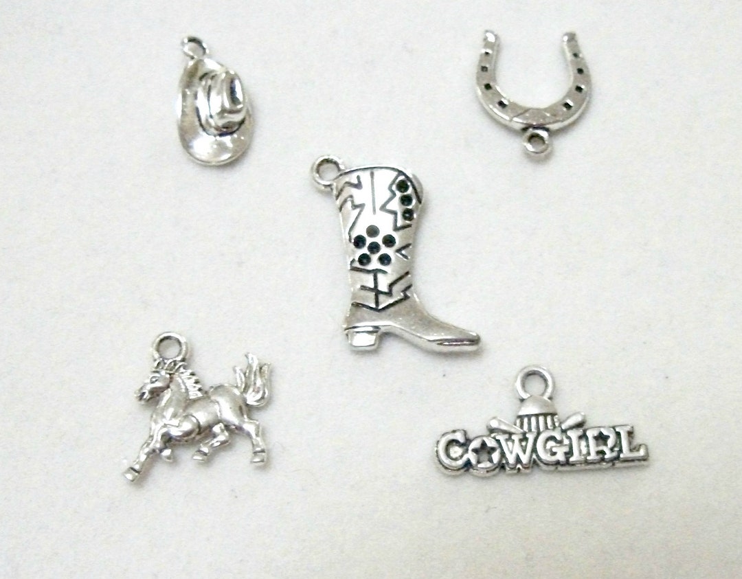 Silver Alloy Cowgirl Charm Set of 5 : Boot, Hat, Mustang, Horseshoe ...