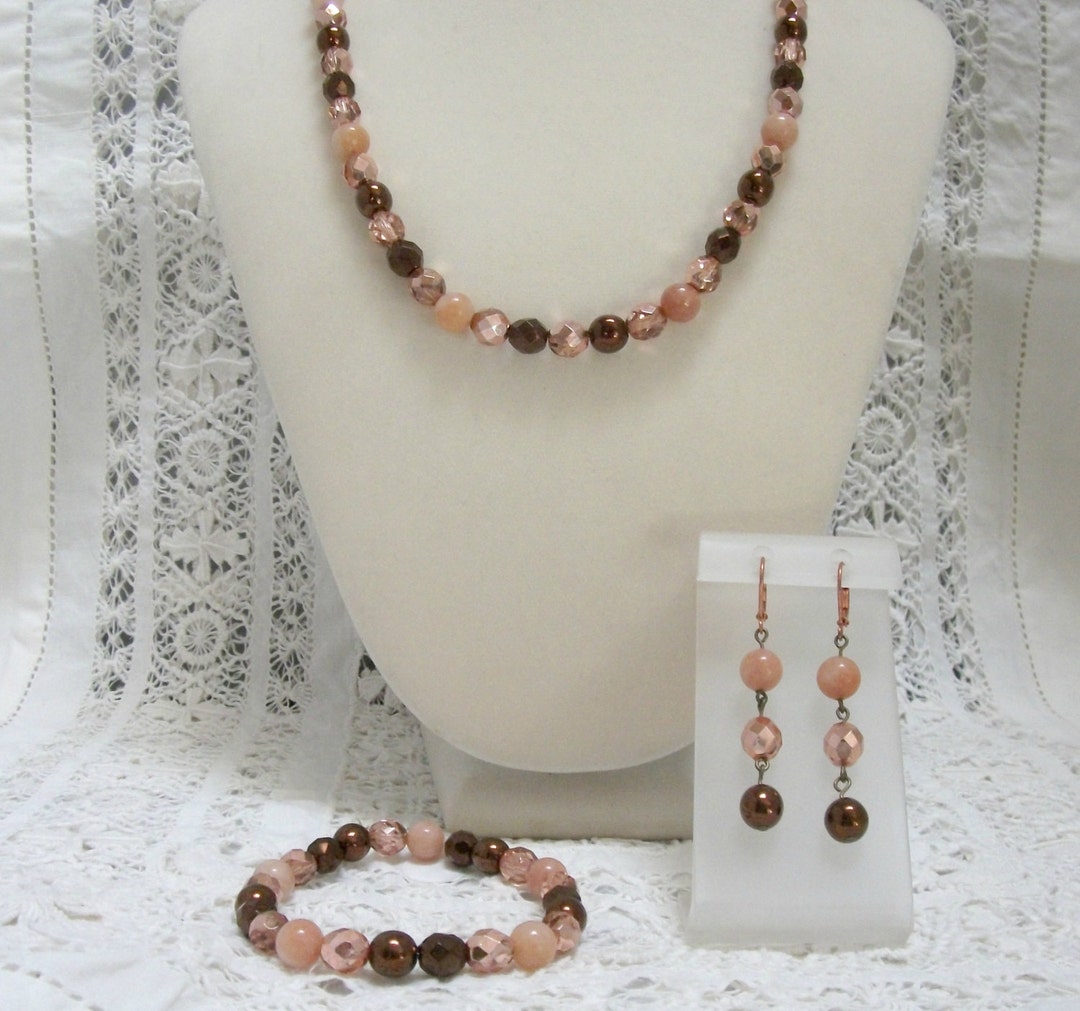 Pink Magnesite Gemstone and Bronze Glass Jewerly Set - Etsy