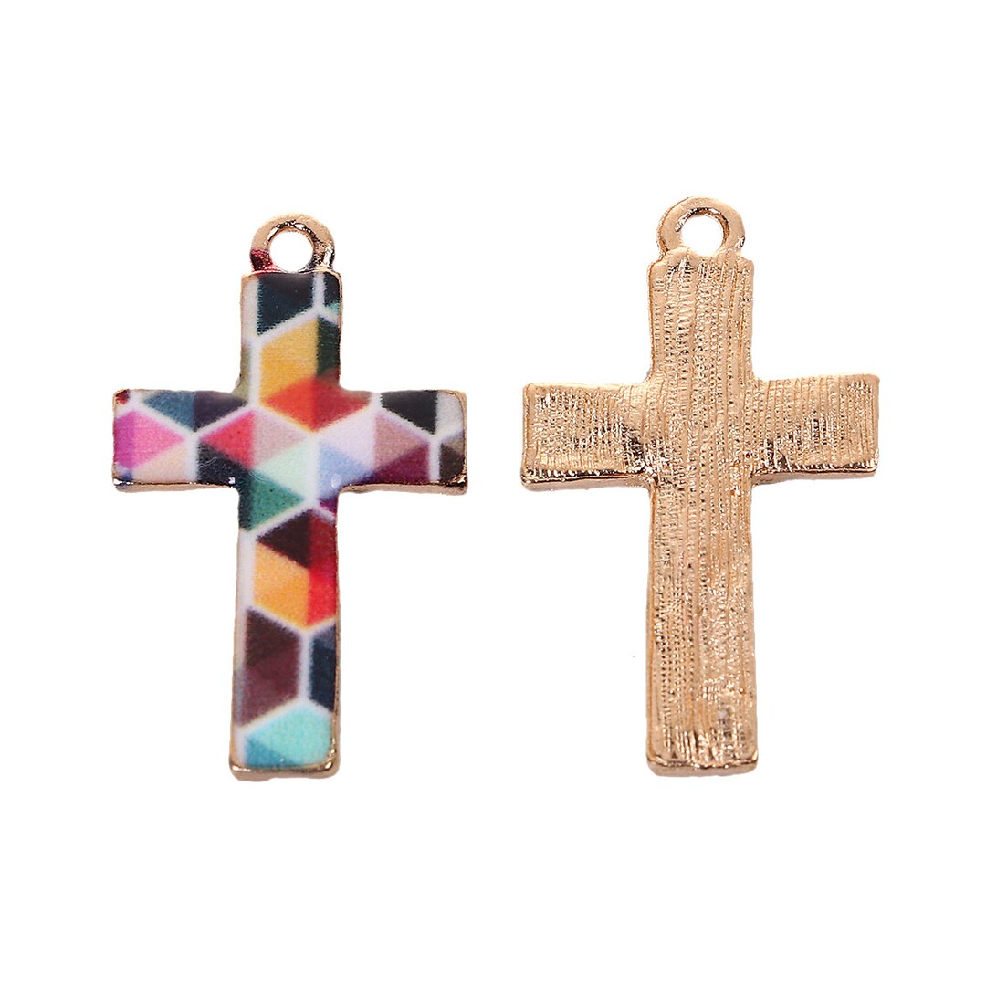 Colorful Mosaic Enamel Cross Shaped Charm. Set of 2 Gold Tone Alloy DIY ...
