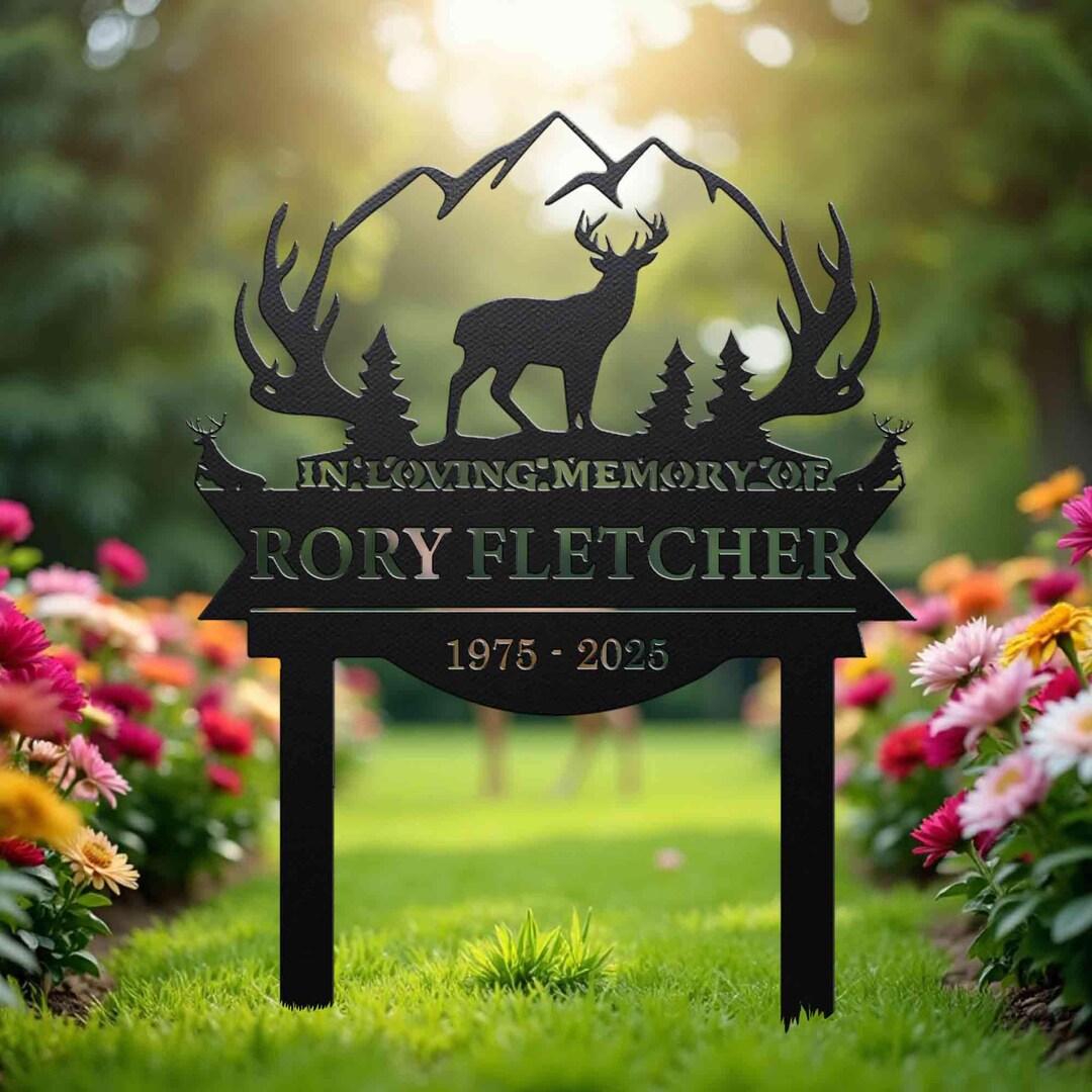 In Loving Memory of Custom Name Stakes - Deer in Forest Theme Garden ...