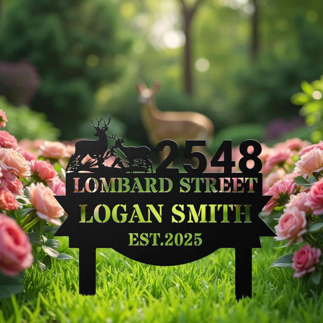 Deer Family Metal Address Sign - Outdoor Sign Garden Stake - Custom ...