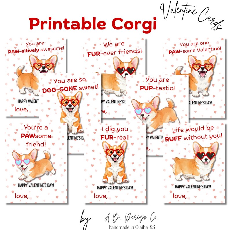 Printable Corgi Valentine-dog Cards-class Exchange Cards-kids Valentine ...