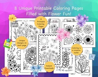 Flower Pack 1, Printable Coloring Pages, 8 Designs, Spring, Summer ...