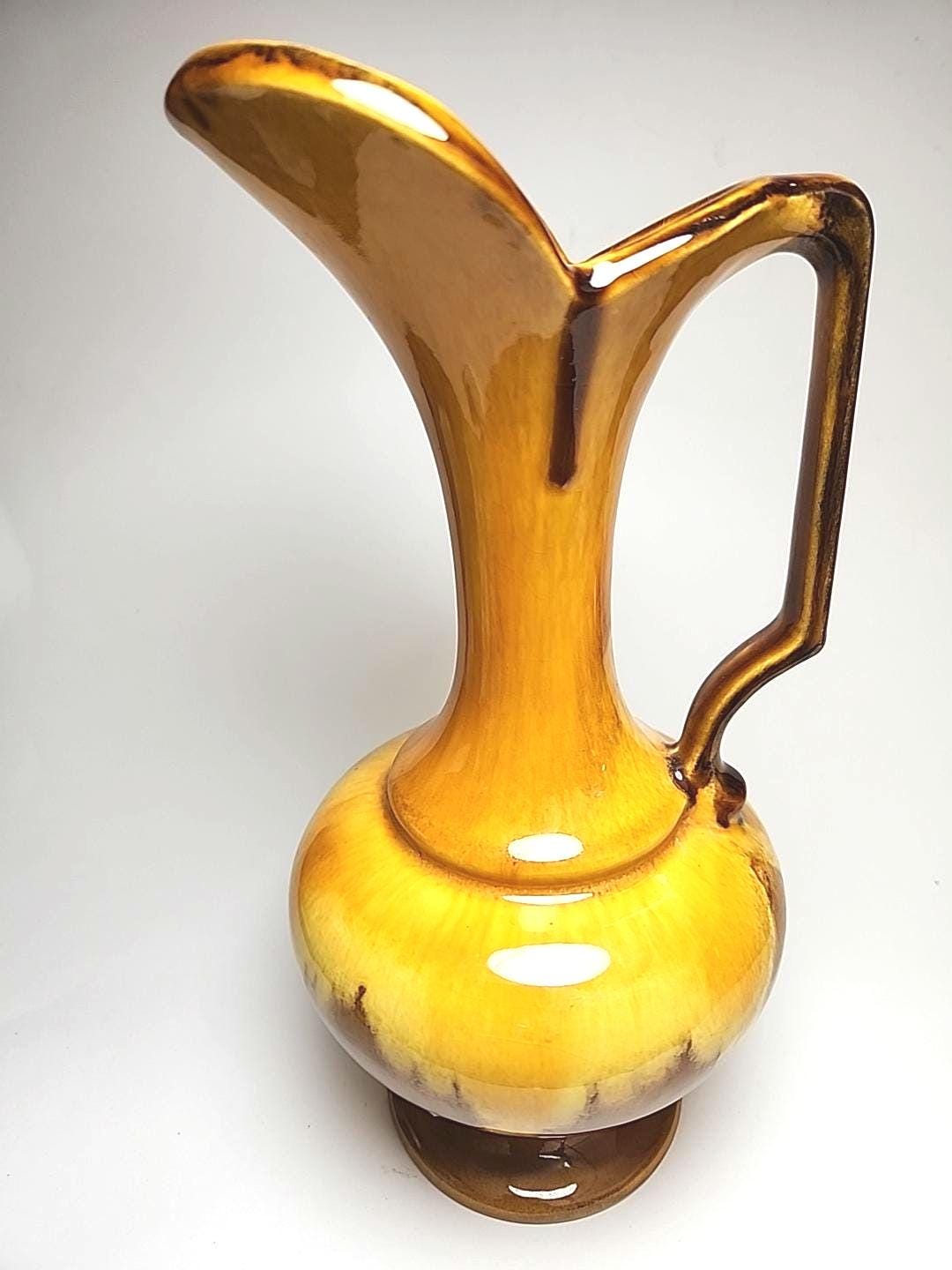 Vintage Haeger Pottery Drip Glaze Ewer Pitcher Vase Brown Yellow Mid ...