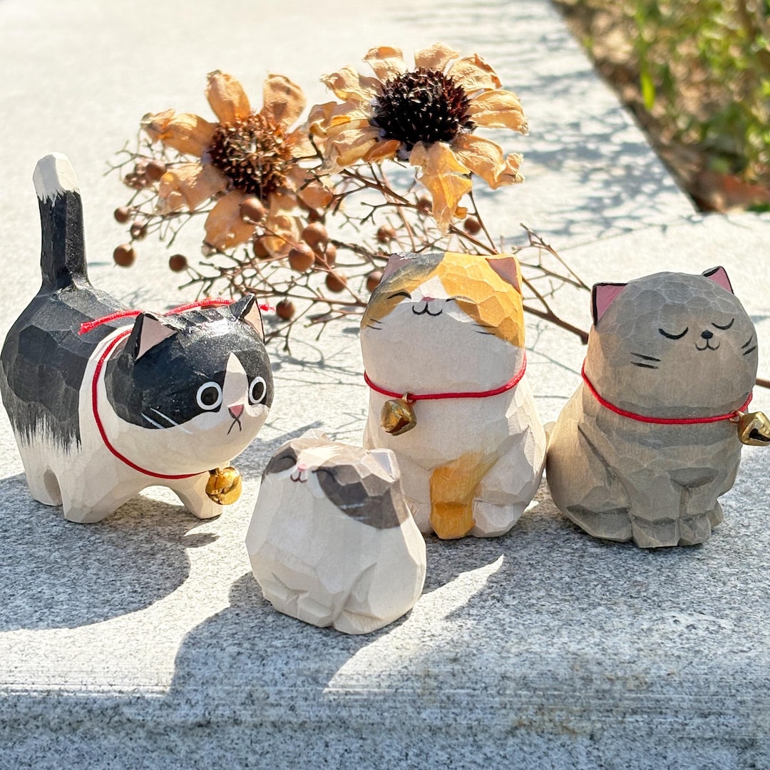 Cute Wooden Cat Figurine With Bell,unique Cat Themed Gifts/cat Lover ...