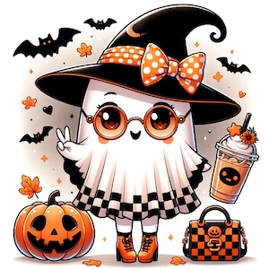Cute Halloween Ghost PNG | Kawaii Witch Ghost Clipart | Fall Pumpkin ...