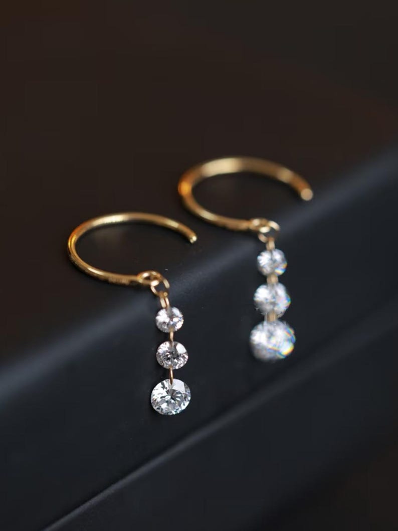 18K Gold Triple Drop Moissanite Hoop Earrings: Dainty Dangles - Etsy