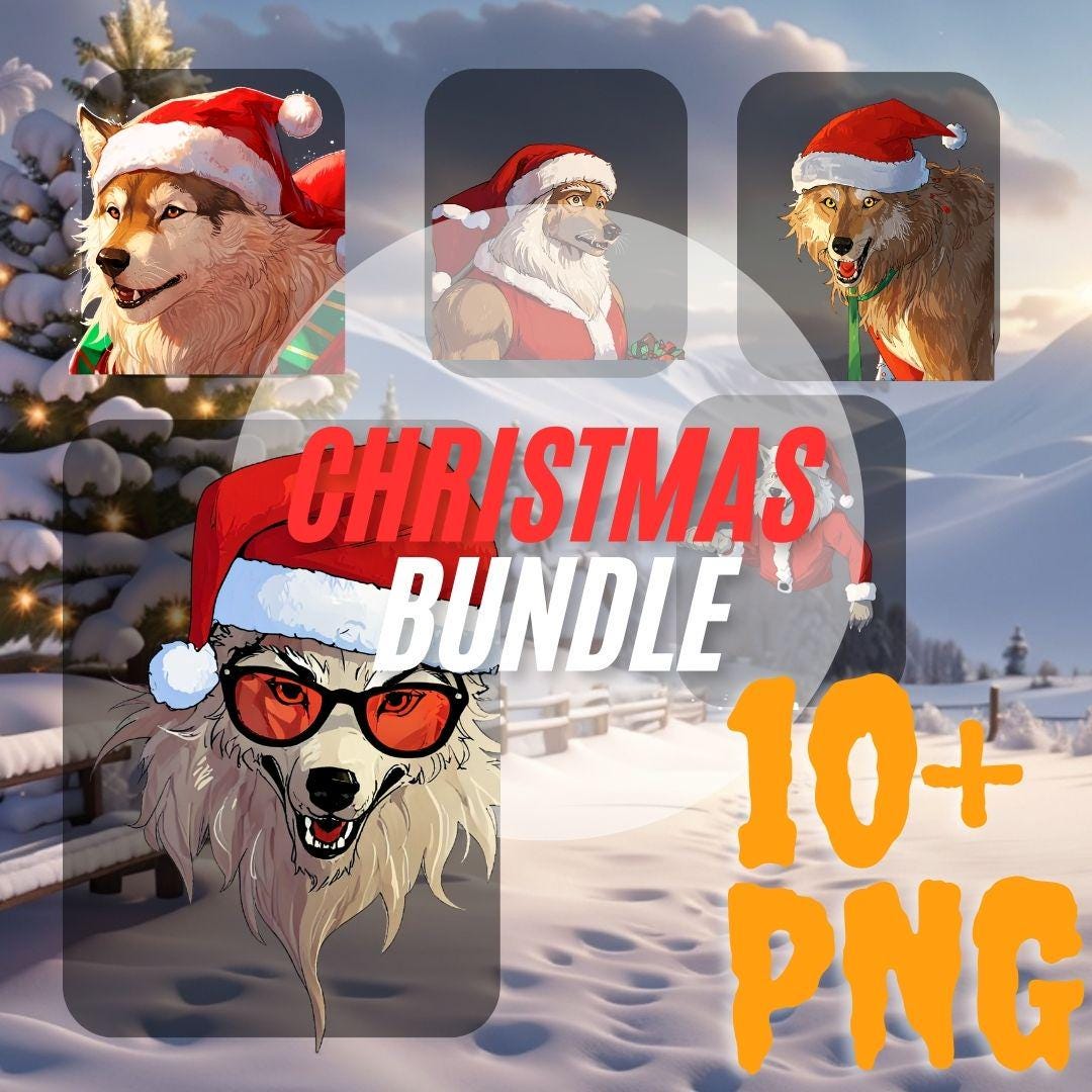 10 Santa Wolf Christmas PNG Clipart Set, Unique Holiday Designs ...