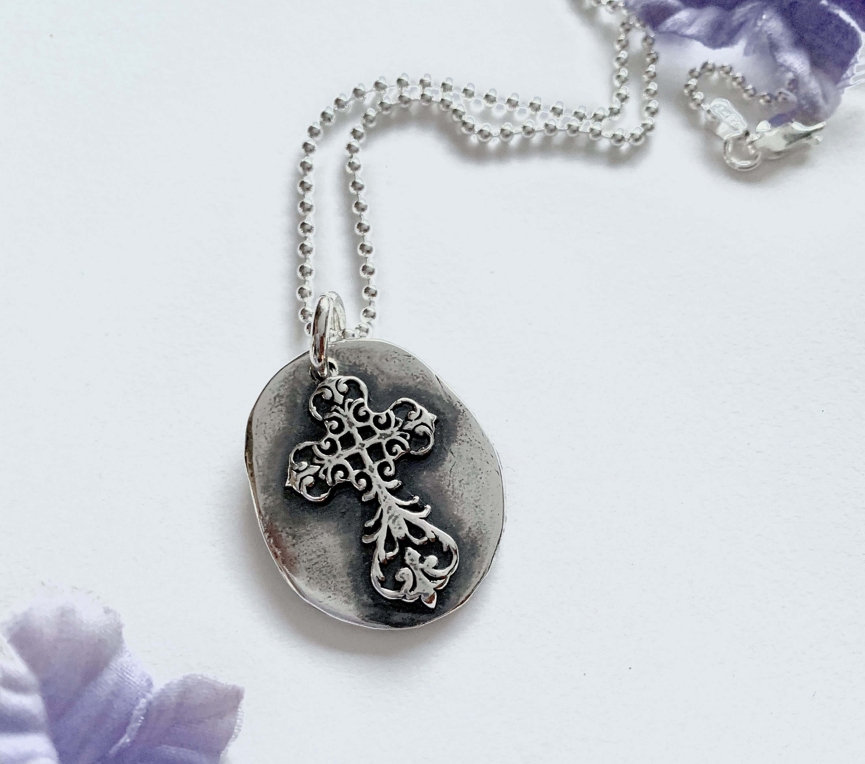 Medium Sterling ornate cross Pendant, organic cross, Sterling silver cross