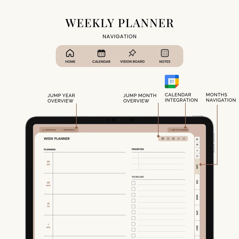 2025 Digital Weekly Planner Yearly Monthly Templates Vision Board Habit ...