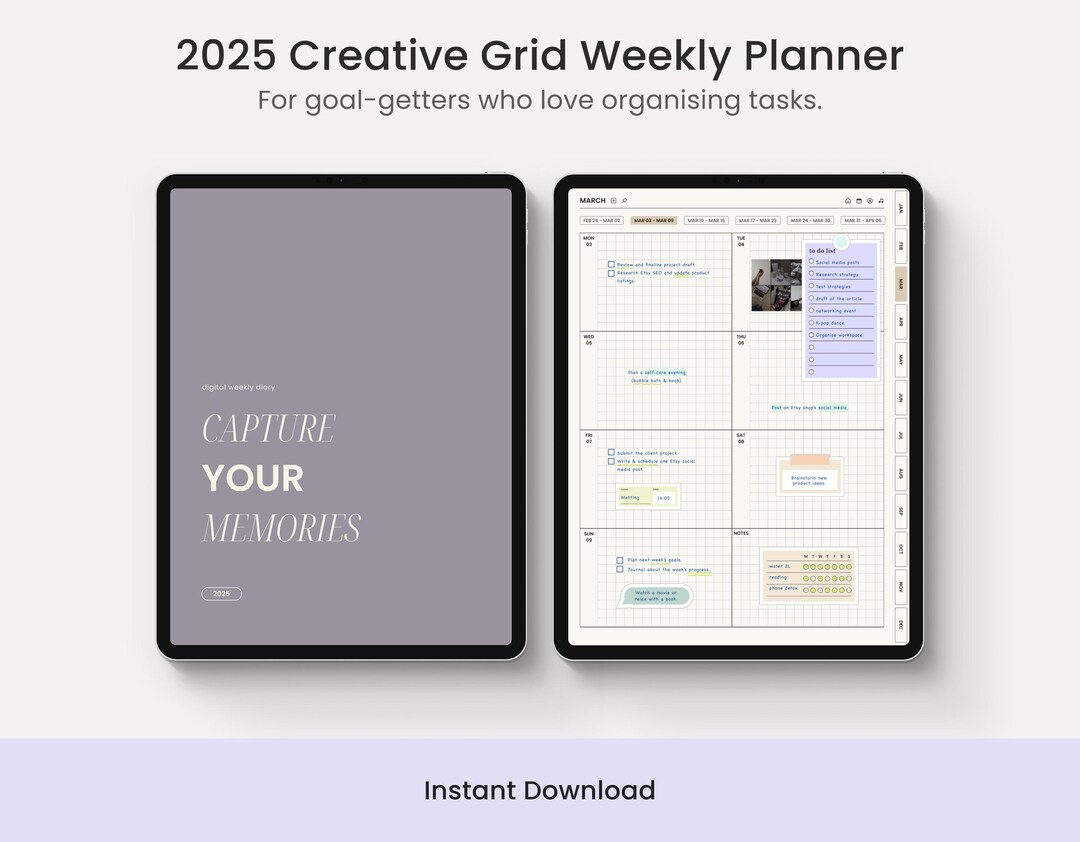 2025 Digital Grid Weekly Planner Productivity Hyperlinked Journal ...