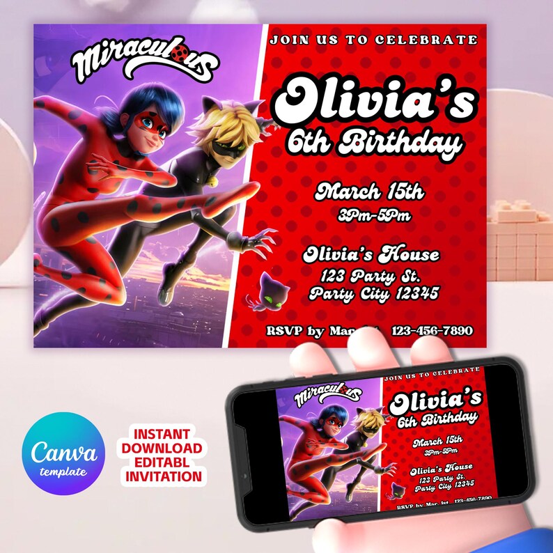 Editable Miraculous Ladybug Birthday Invitation Kids Miraculous ...