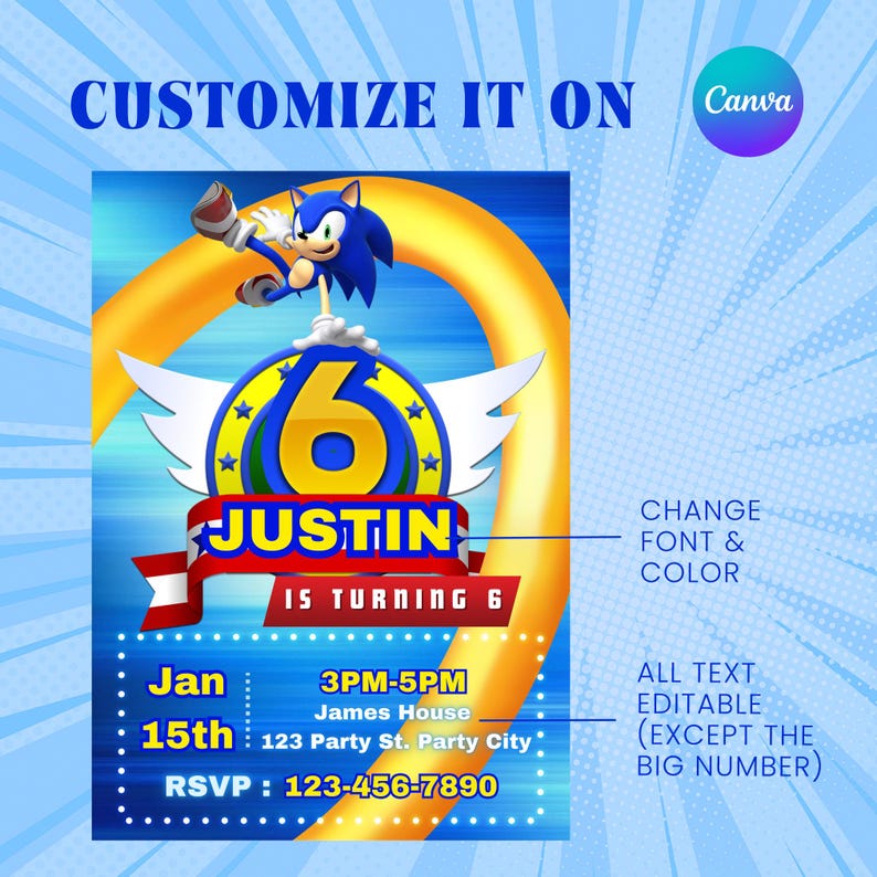 Editable Sonic Birthday Invitation 6th Birthday Sonic the Hedgehog ...