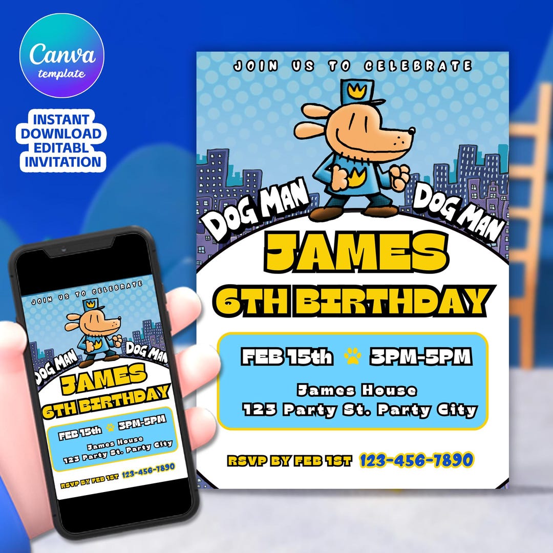 Editable DOG MAN Birthday Invitation Dog Man Movie Invitation Birthday ...