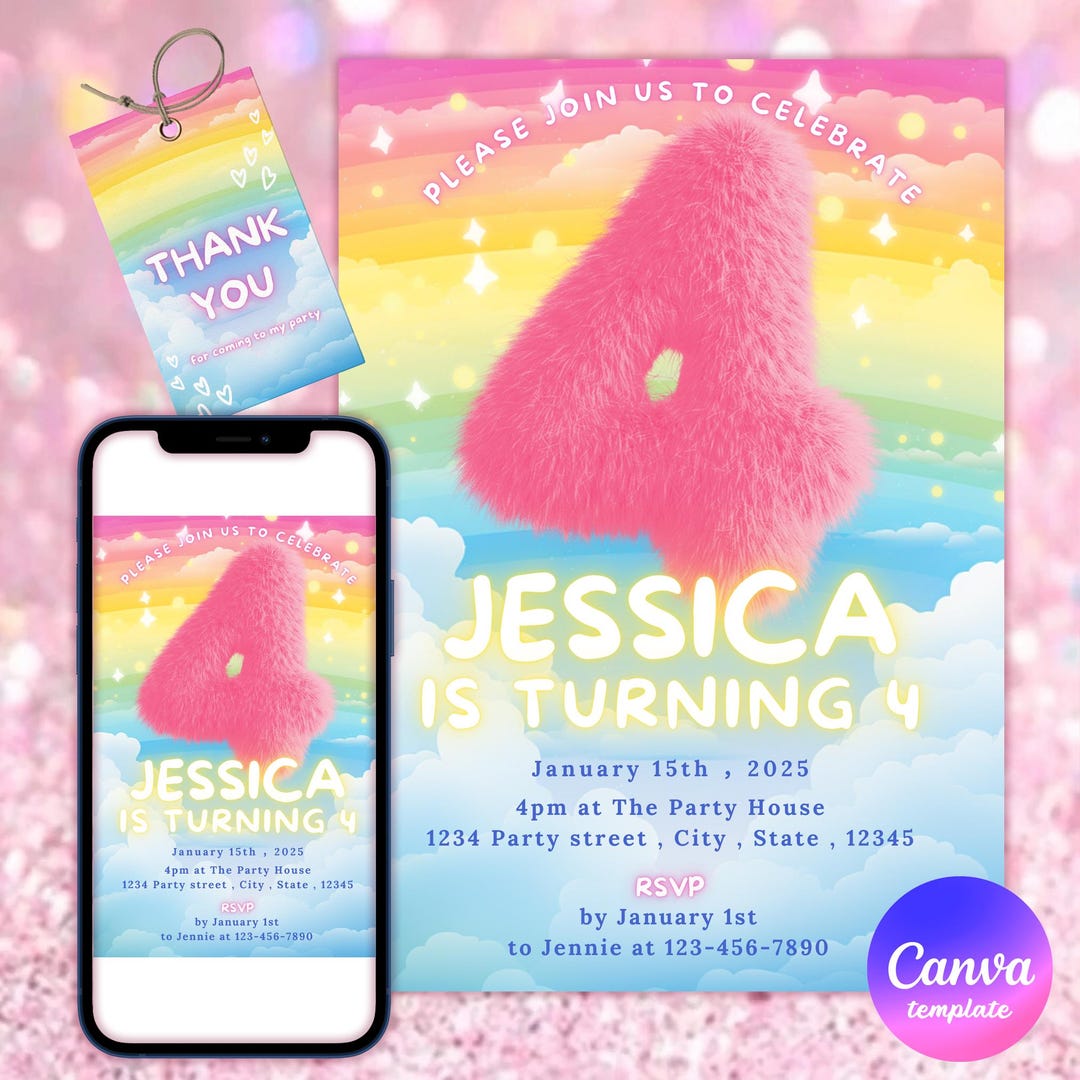 Editable 4th Rainbow Birthday Invitation Fuzzy Birthday Invitation Star ...