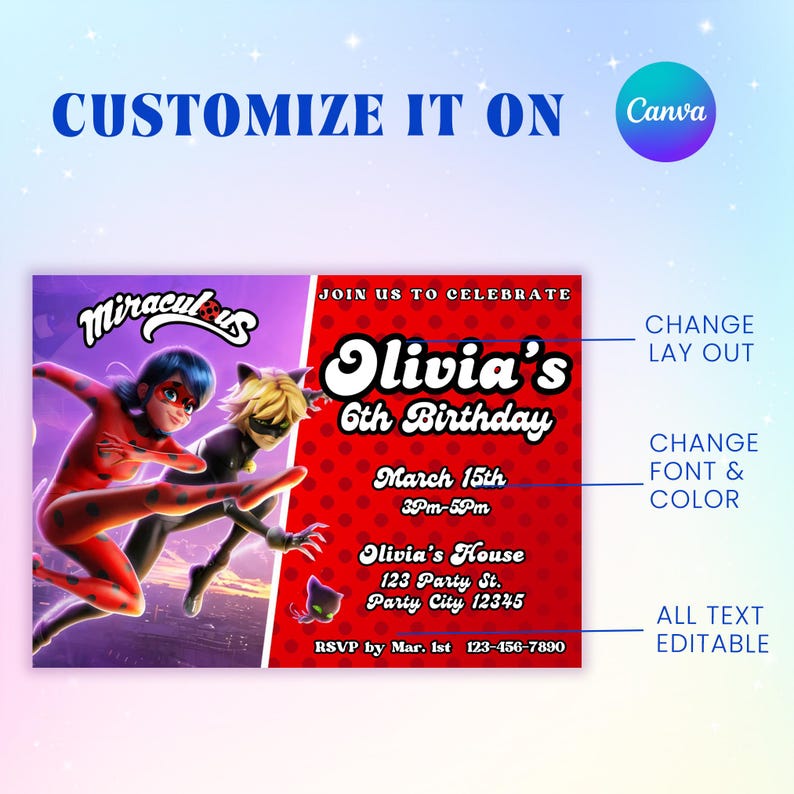 Editable Miraculous Ladybug Birthday Invitation Kids Miraculous ...
