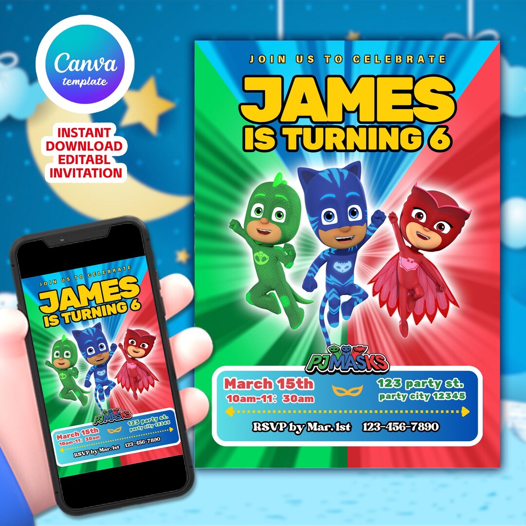 PJ MASKS Birthday Invitation Kids Invitation Birthday Party Invitation ...
