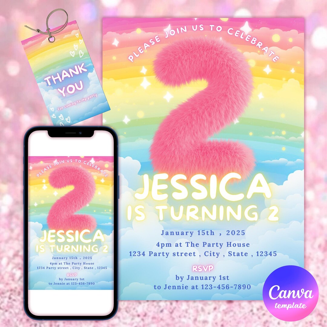 Editable 2nd Rainbow Birthday Invitation fuzzy Birthday Invitation Star ...