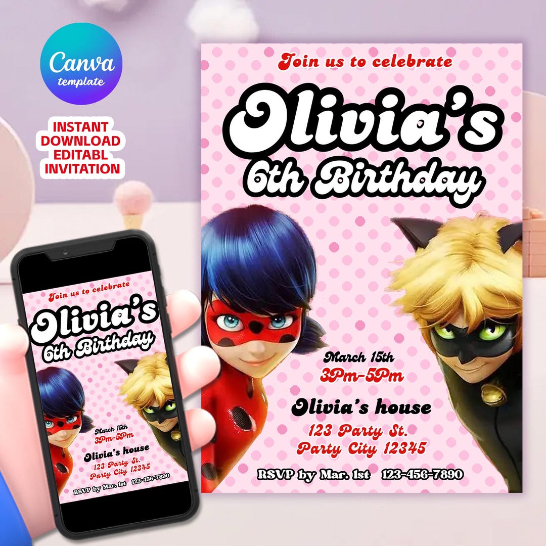 Editable Miraculous Ladybug Birthday Invitation Kids Miraculous ...