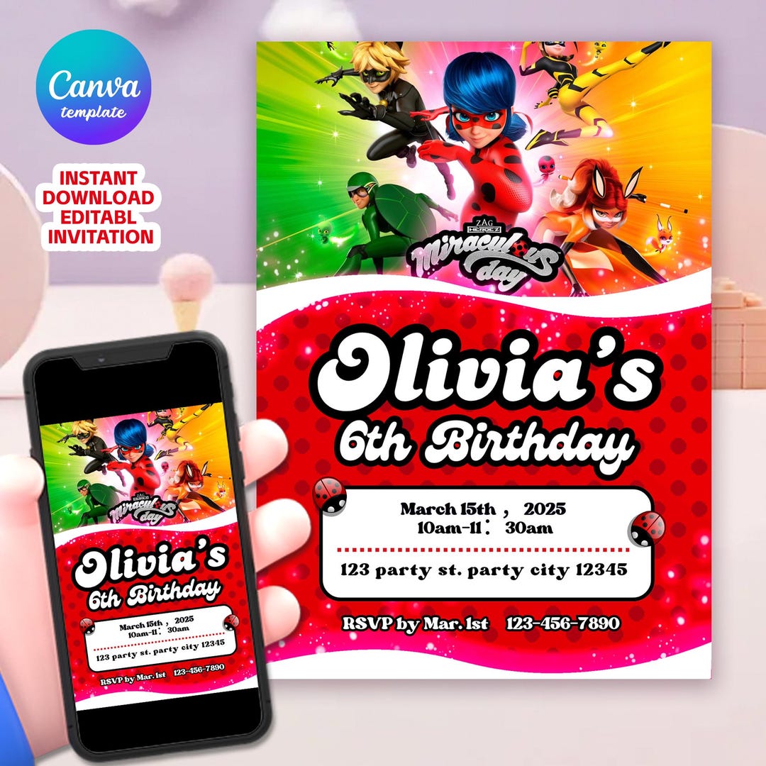 Editable Miraculous Ladybug Birthday Invitation Kids Miraculous ...