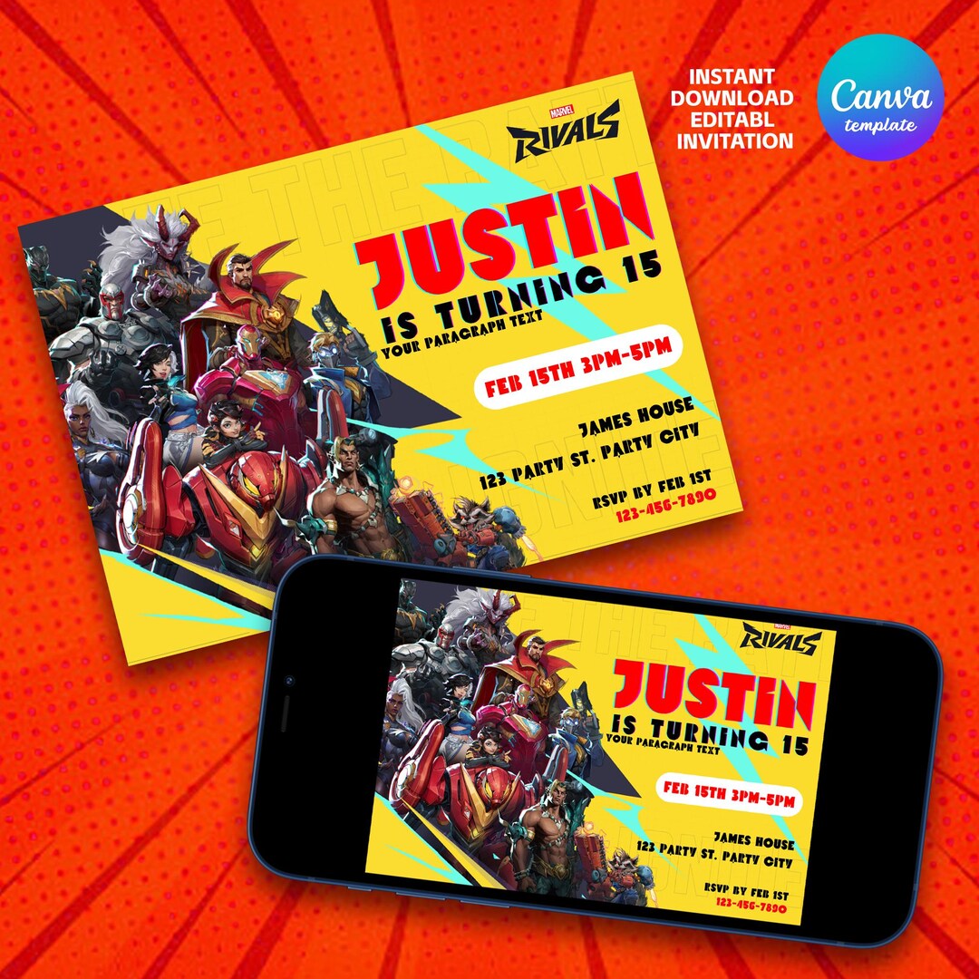 Editable Marvel Rivals Birthday Invitation Marvel Birthday Invitation ...