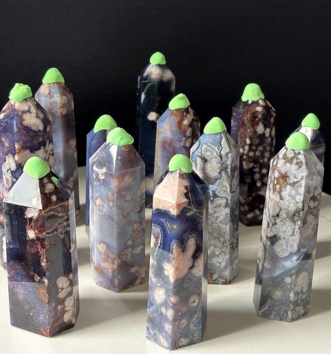 Blue Flower Agate Towers: Hand Carved Crystal Obelisk - Home Decor - Etsy