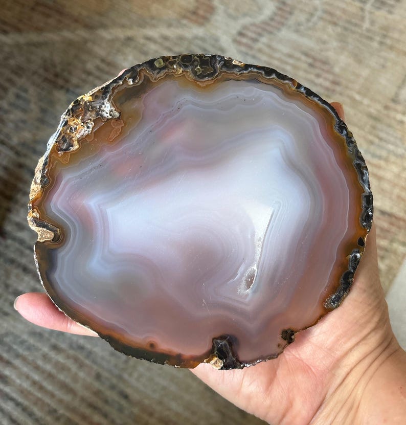 Brazilian Agate Slab: Polished Raw Edge Geode Slice, Orbicular Banding ...