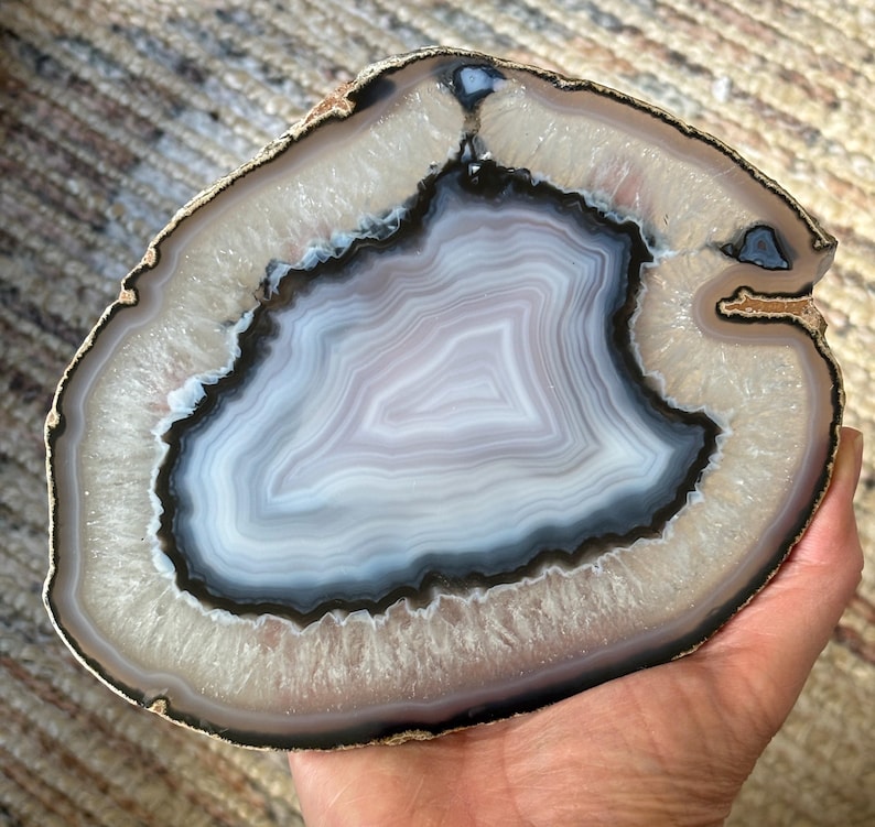 Brazilian Agate Slab: Polished Raw Edge Geode Slice, Orbicular Banding ...
