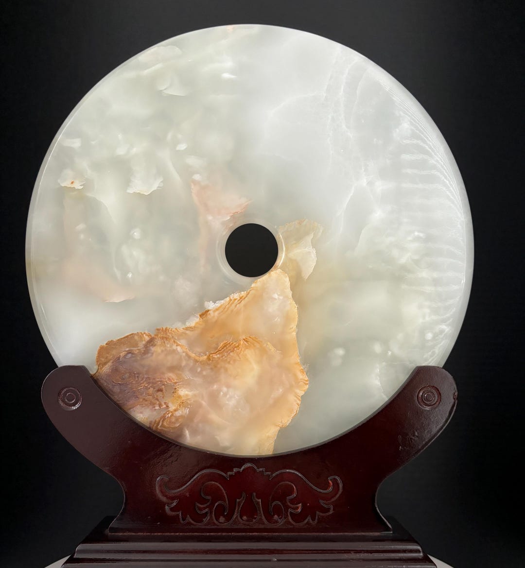 XL Beautiful Afghanistan Jade Pi Disc With Custom Wood Stand, Donut ...